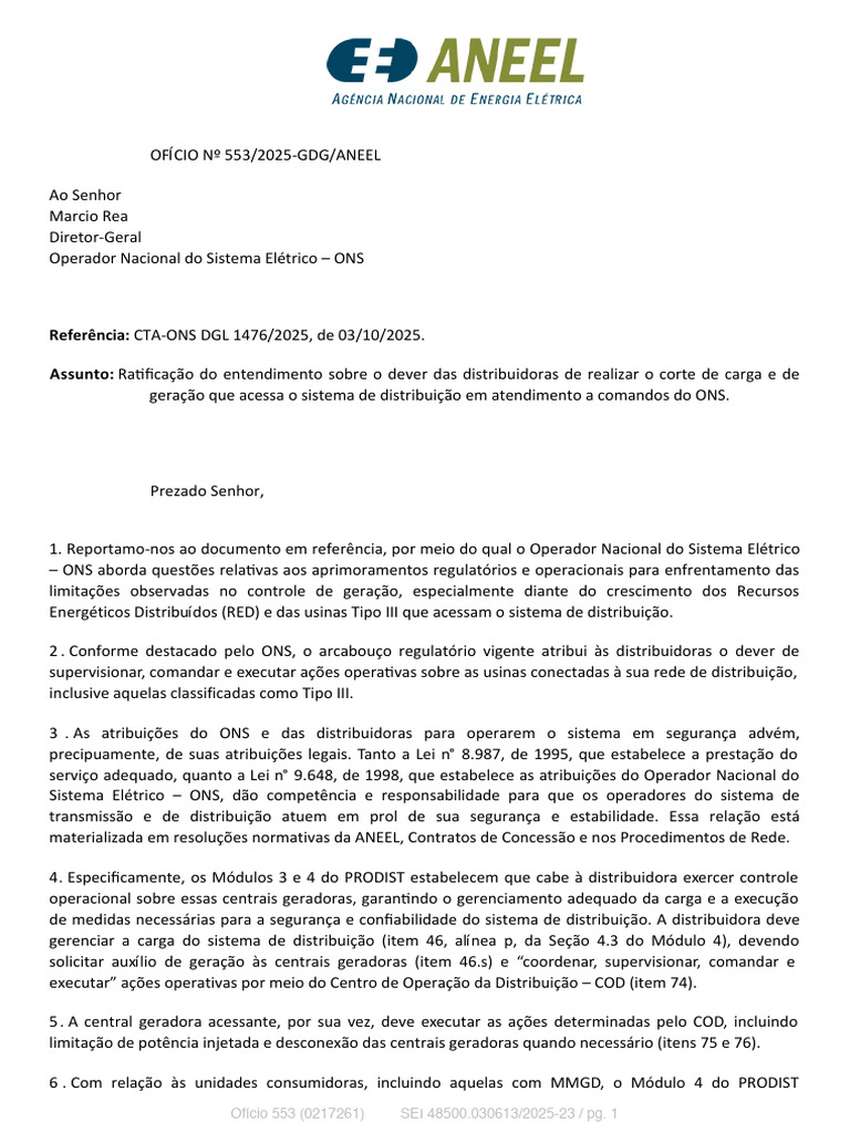 Oficio Aneel Corte de Carga | PDF | Sistema de energia elétrica | Energia elétrica