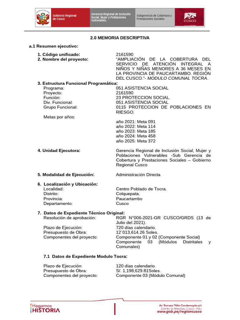 Memoria Descriptiva Tocra-Informe Final. 2.0 | PDF | Presupuesto ...
