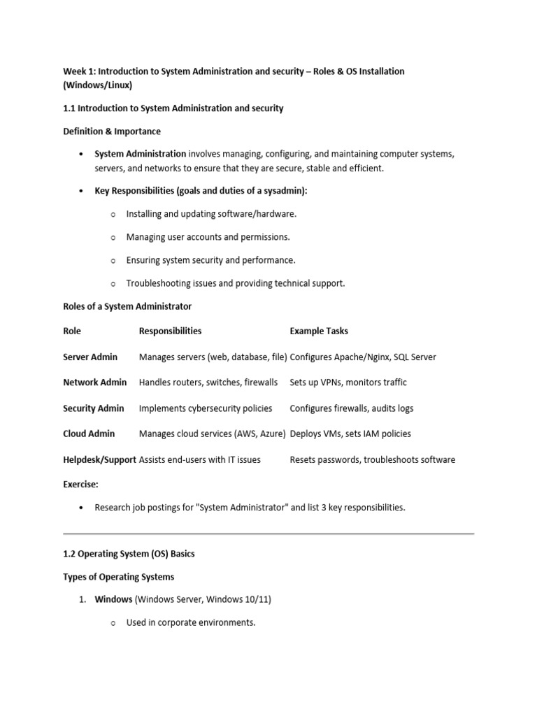 Week 1 Introduction and Overview To System Administration and Security ...