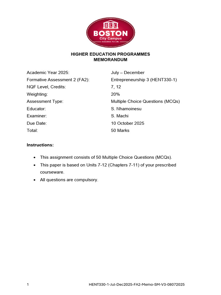 HENT330 1 Jul Dec2025 FA2 Memo SM V3 08072025 | PDF | Internal Rate Of Return | Factoring (Finance)