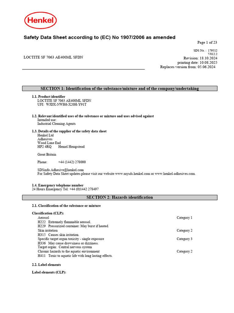 Loctite SF 7063 Safety Data Sheet | PDF | Toxicity | Personal ...