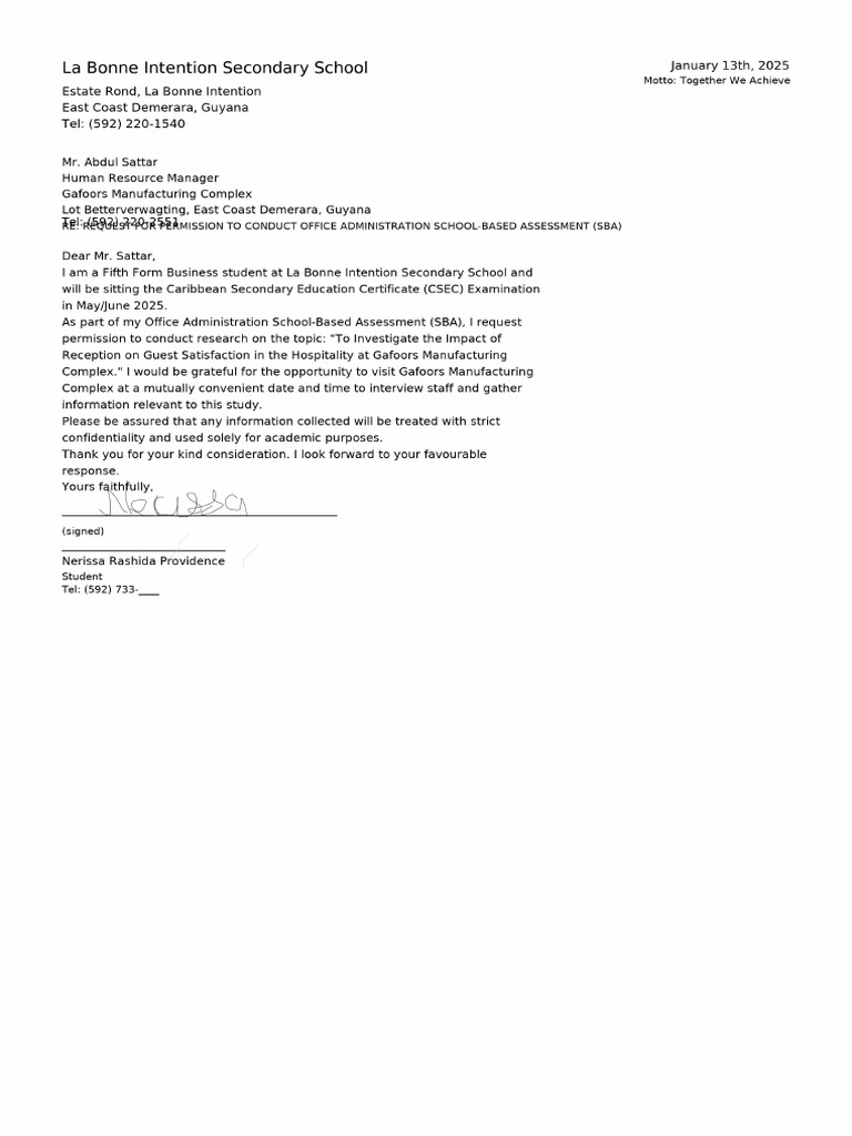 SBA Permission Letter Nerissa Rashida Providence | PDF