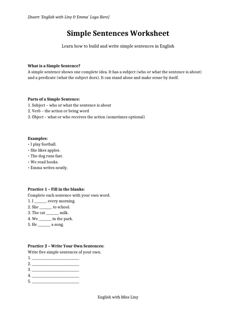 Simple Sentences Worksheet Plain | PDF