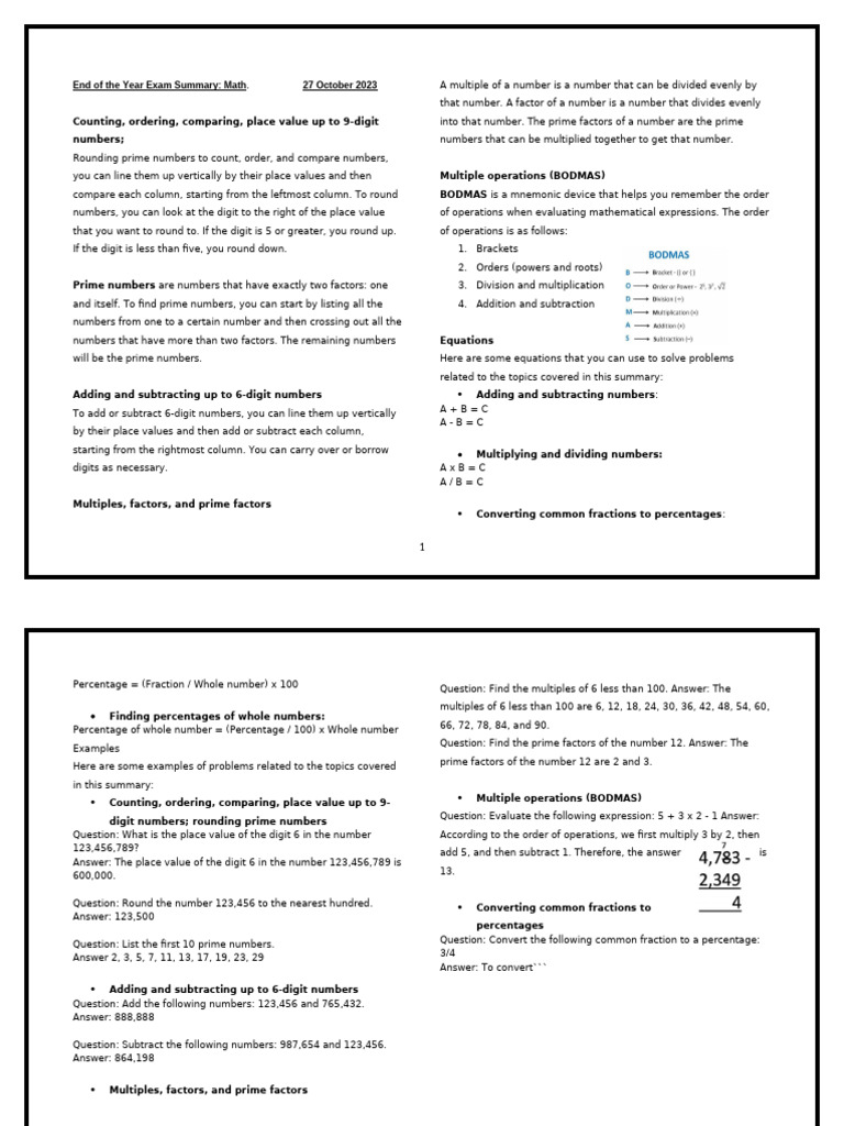 End of The Year Math Summary | PDF | Numbers | Multiplication