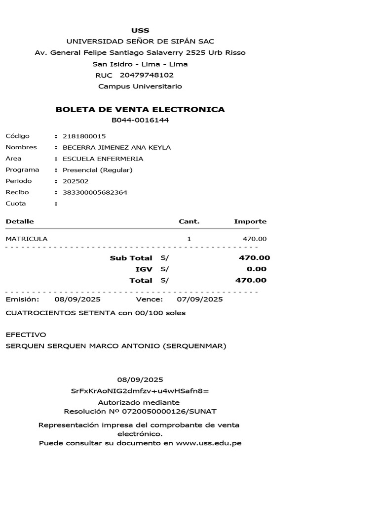 Boleta de Venta Electronica: Becerra Jimenez Ana Keyla Nombres Código ...
