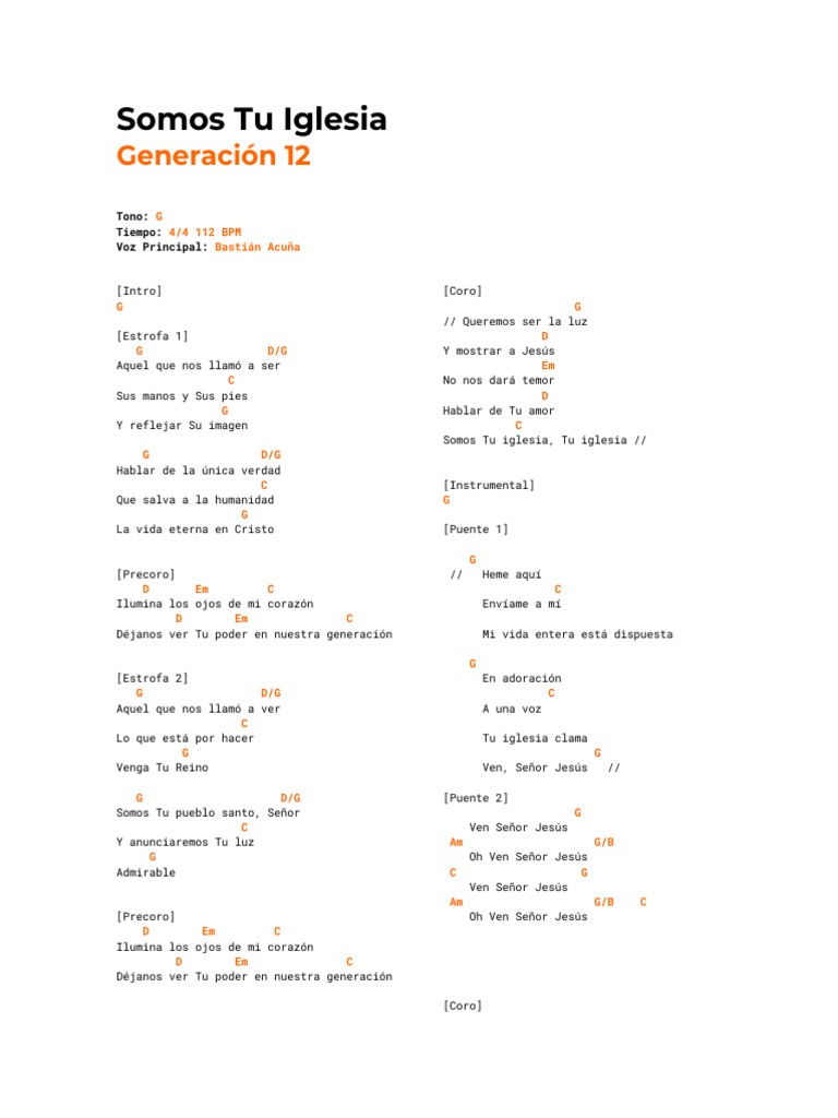 Letra de "Somos Tu Iglesia" Generación 12 | PDF | Cristo (título ...