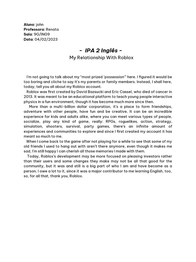 My Relationship With Roblox - IPA2 Inglês Junho - 24 | PDF
