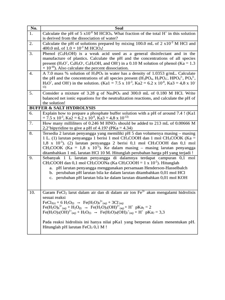 Soal PKA Asam Basa, Buffer, Salt Hydrolisis | PDF | Ph | Buffer Solution