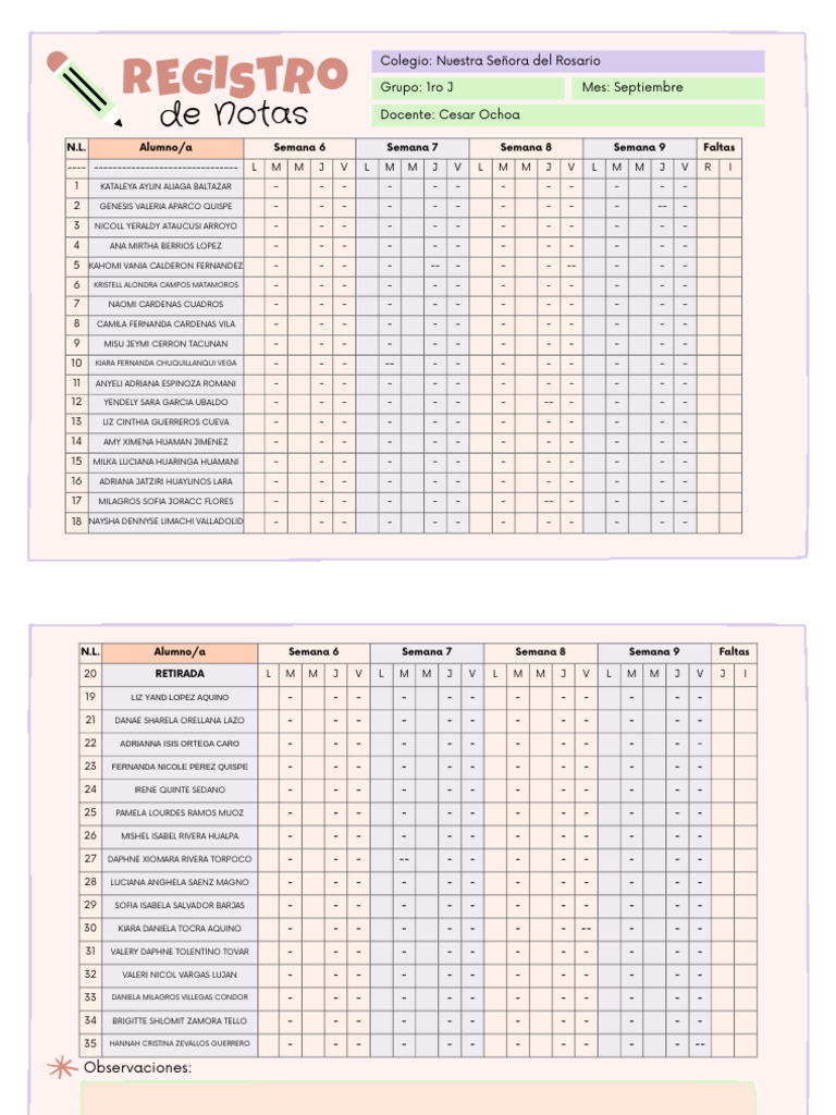 Hoja de Registro de Notas, Ideal para Estudiantes | PDF
