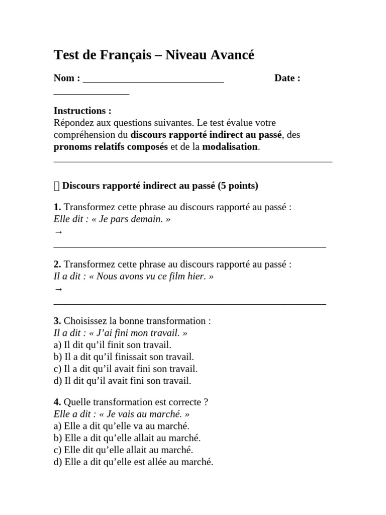 Test de Français Avancé : Discours et Modalisation | PDF | Phrase ...