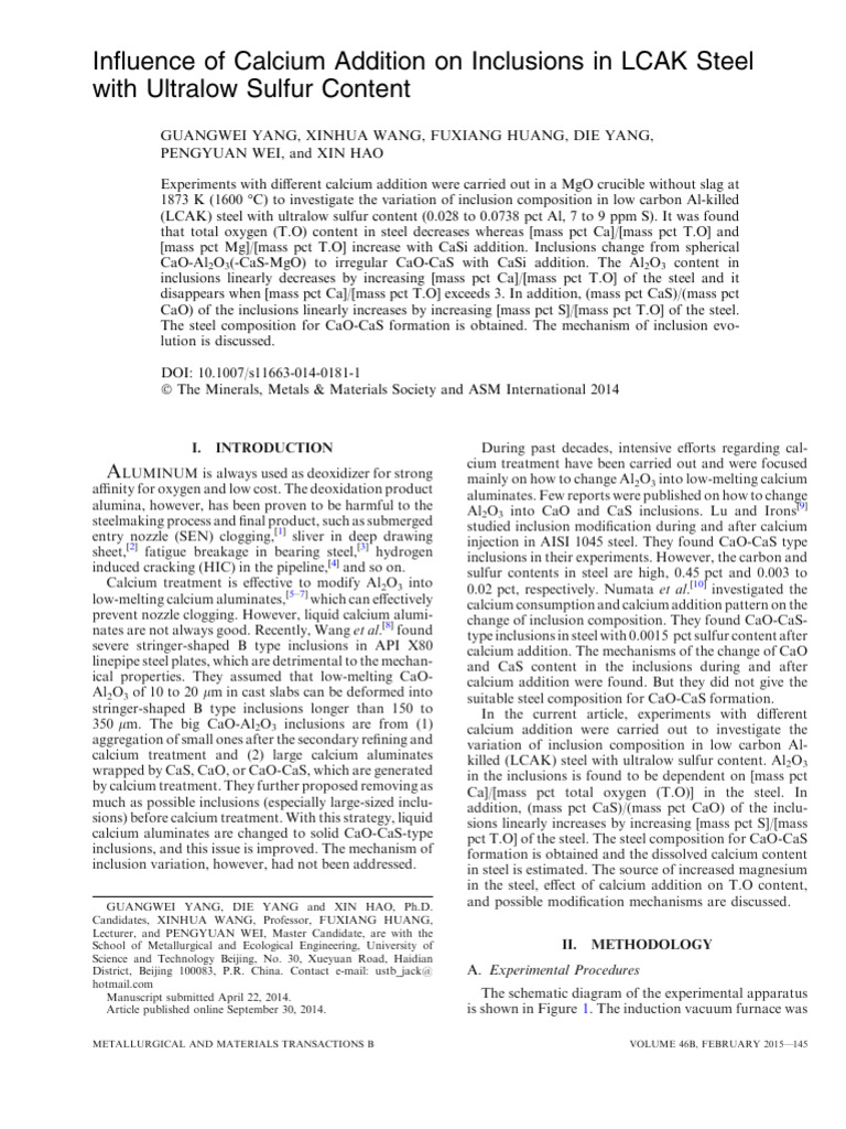2015 Influence of Calcium Addition On Inclusions in LCAK Steel With ...