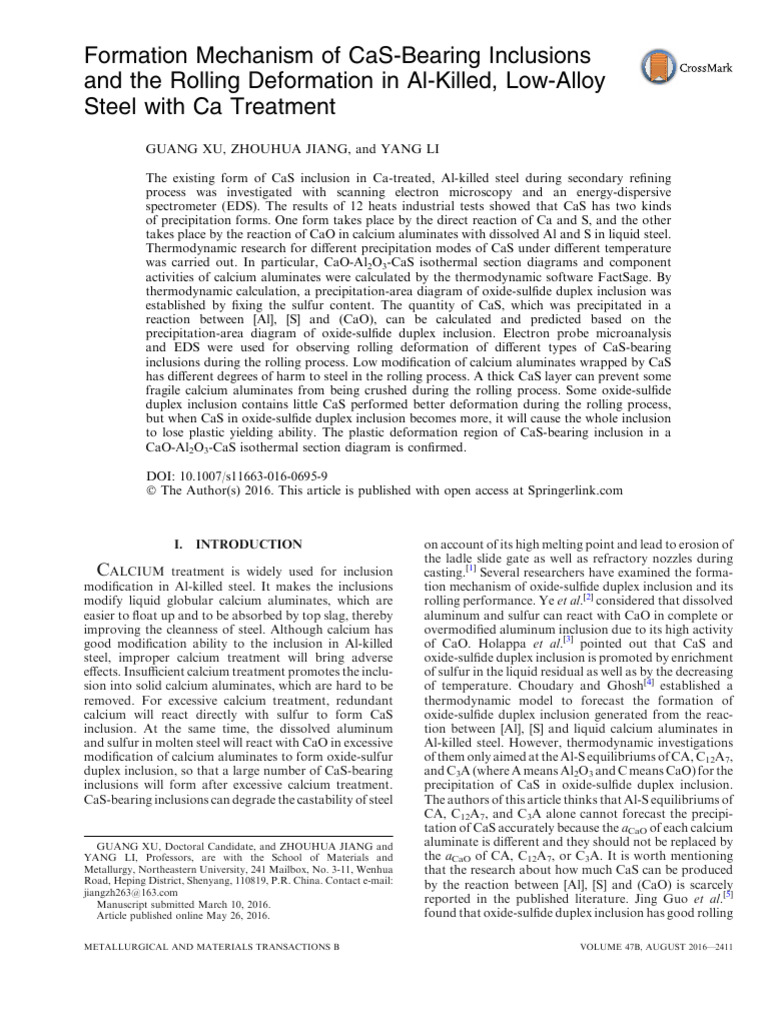 2016 Formation Mechanism of CaS Bearing Inclusions and The Rolling ...