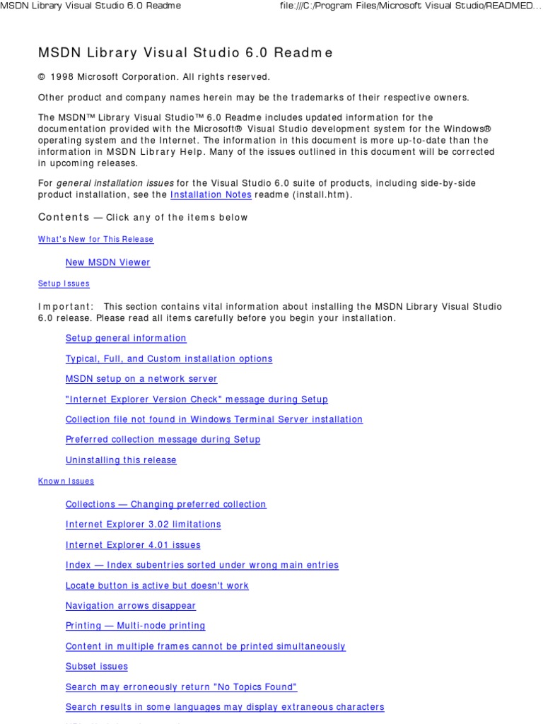 MSDN Library Visual Studio 6.0 - Read Me | PDF | Microsoft Visual Studio | Internet Explorer