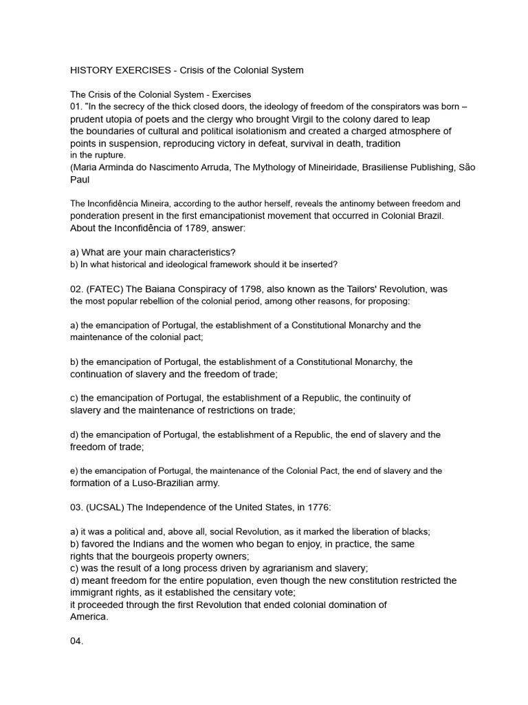 History Exercises - Crisis of The Colonial System | PDF | Brazil ...