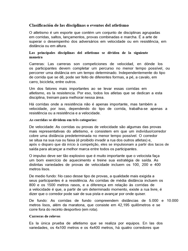 Classificação Das Disciplinas Ou Eventos Do Atletismo | PDF | Atletismo ...