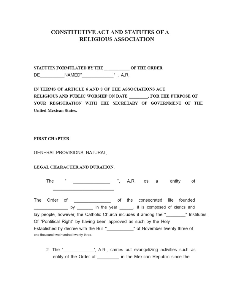 Constitutive Act and Statutes of A Religious Association | PDF ...