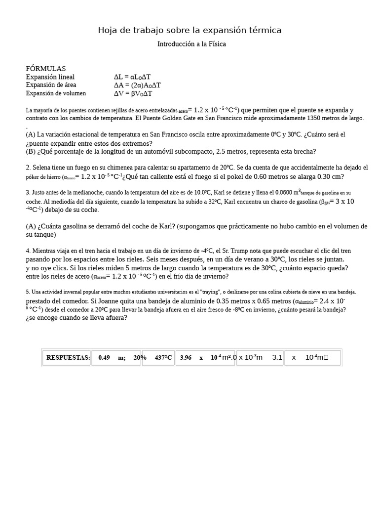 Hoja de Trabajo Sobre La Expansión Térmica | PDF | Expansión térmica ...