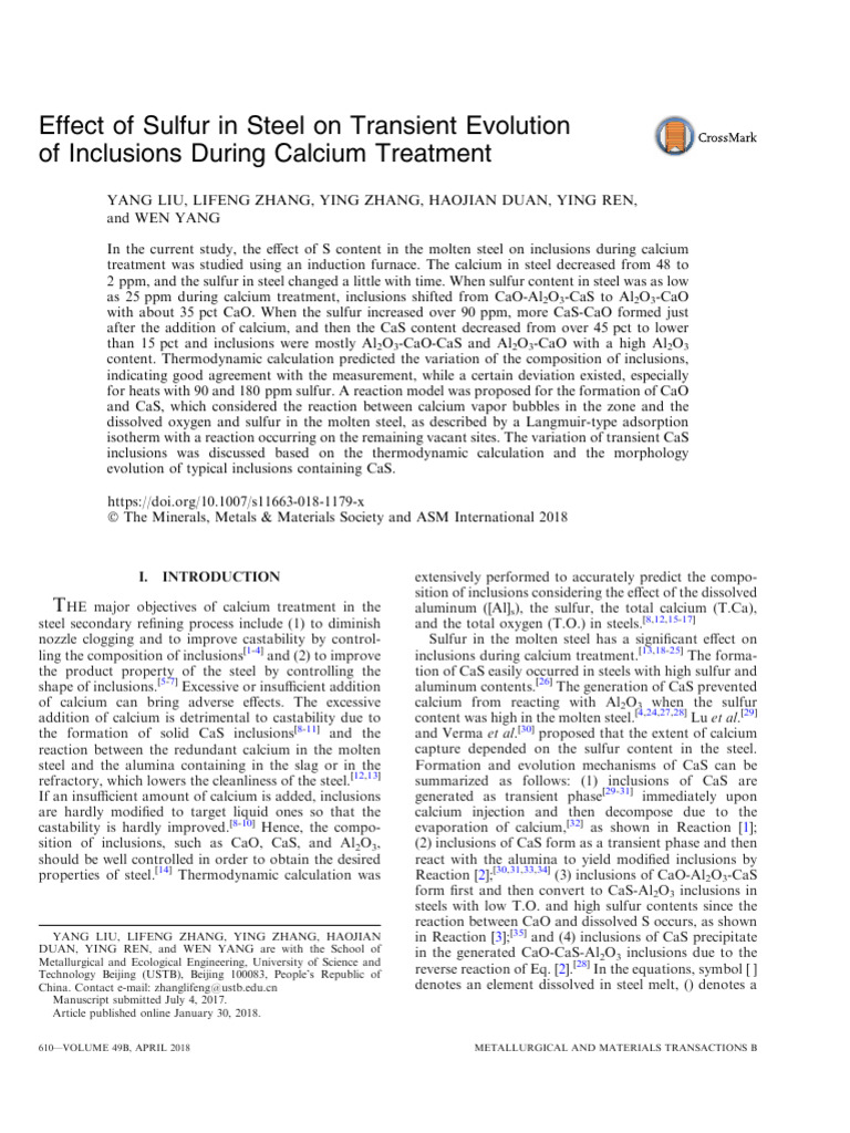 2018 Effect of Sulphur in Steel On Transient Evolution On Inclusions ...
