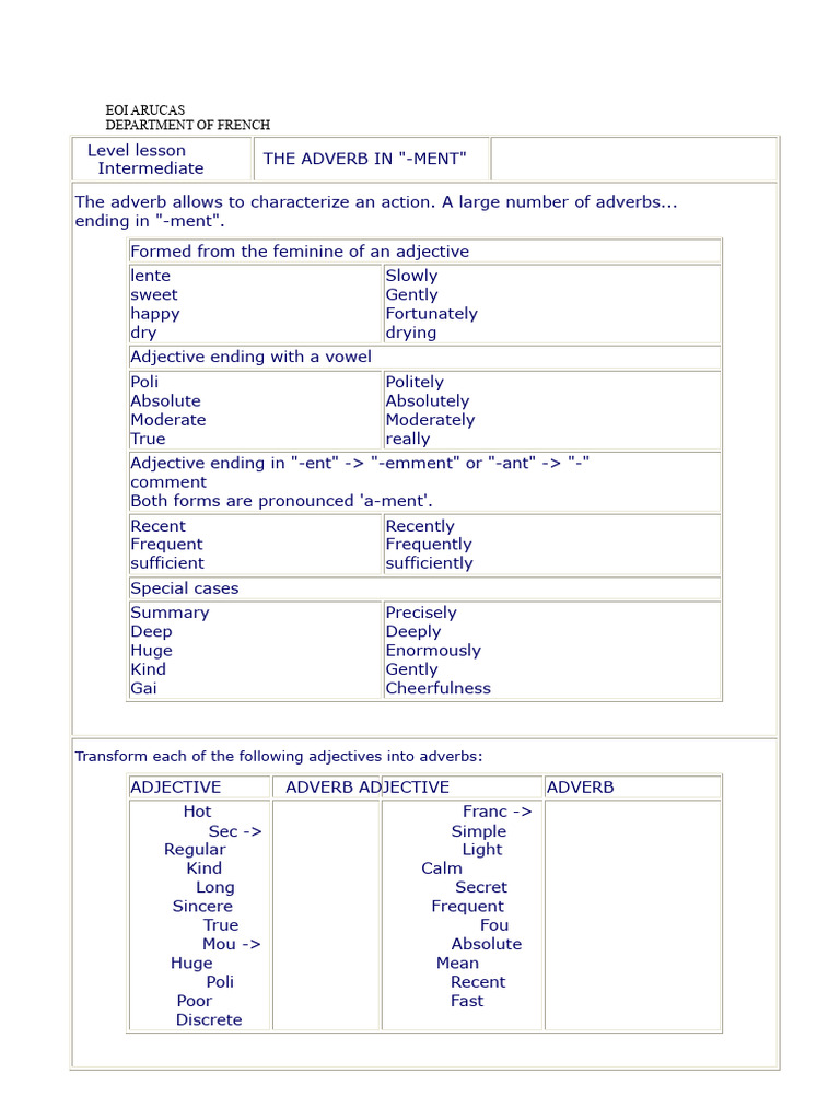 FILE THE ADVERBS in ment | PDF | Adverb | Language Families