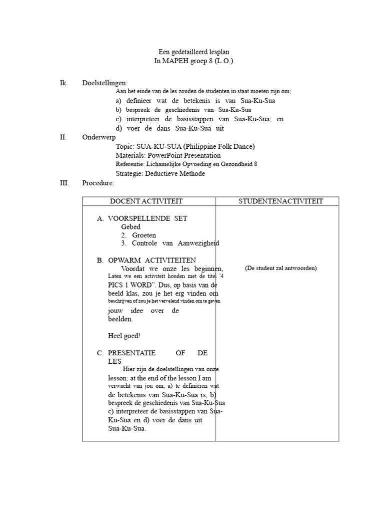 Een Gedetailleerd Lesplan in Sua Ku Sua | PDF