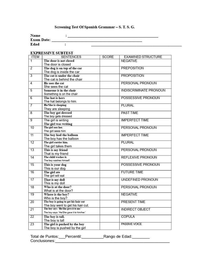 Screening Test of Spanish Grammar (Protocol With Evaluation Items ...
