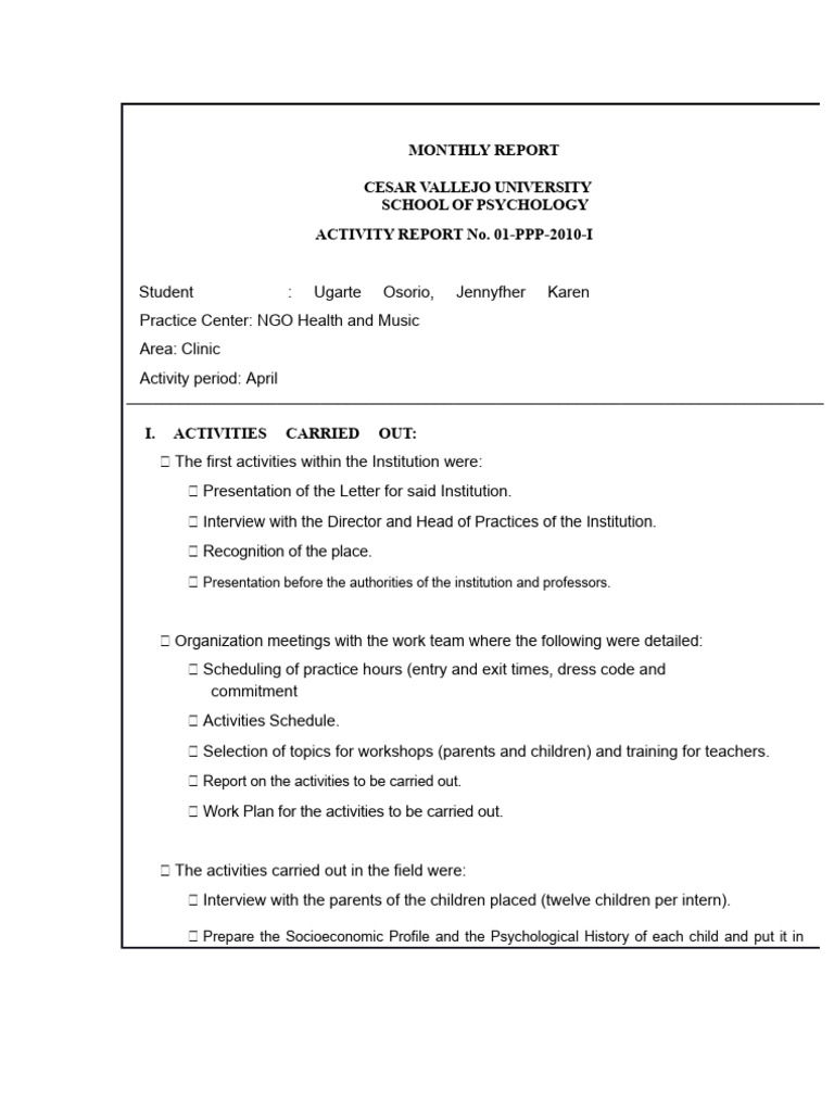 Monthly Report of Pre-Professional Internships | PDF | Psychological ...