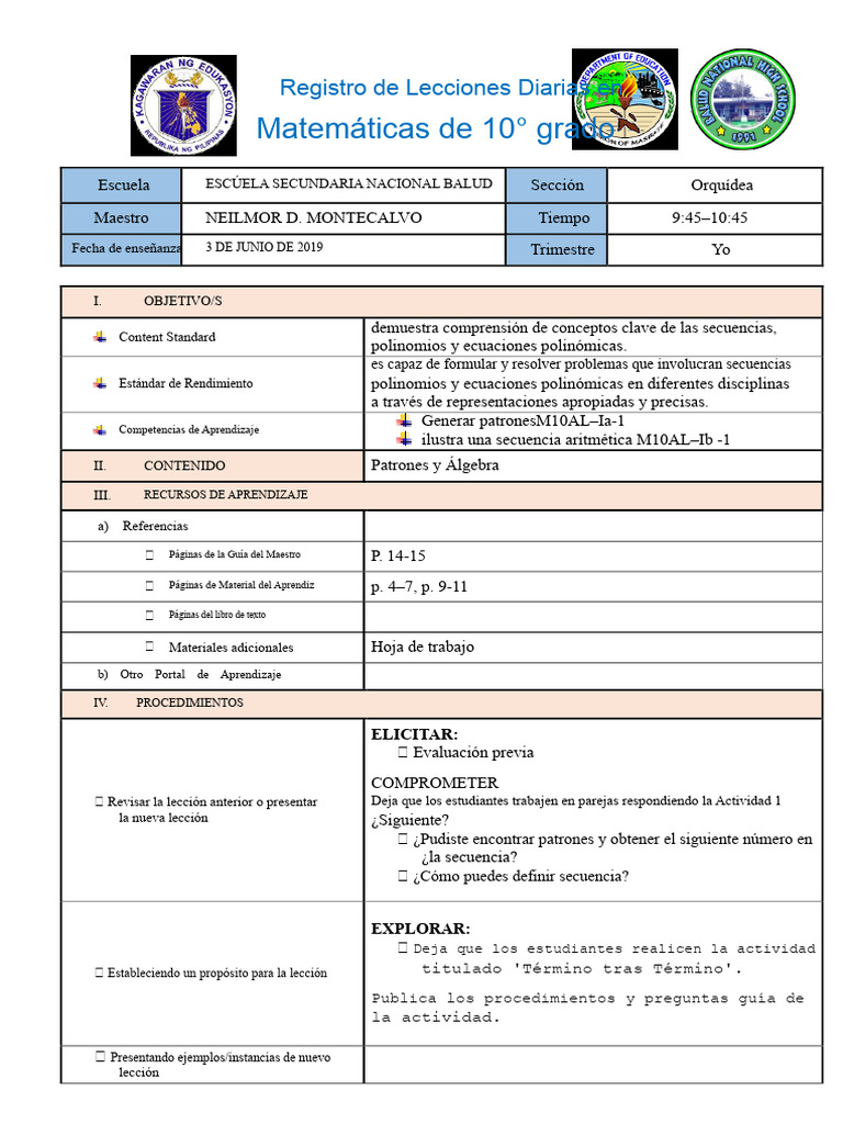 Matemáticas de 10° Grado: Registro de Lecciones Diarias en | PDF ...