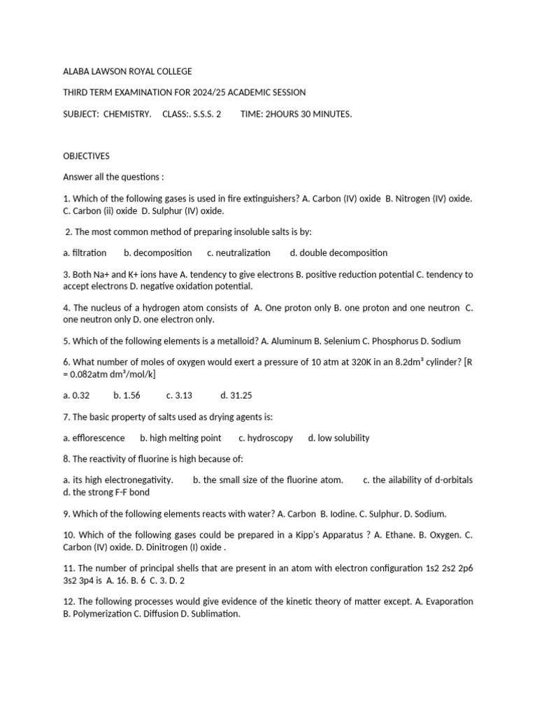 SS2 3RD Term 202425 Chem | PDF | Chlorine | Chemical Bond