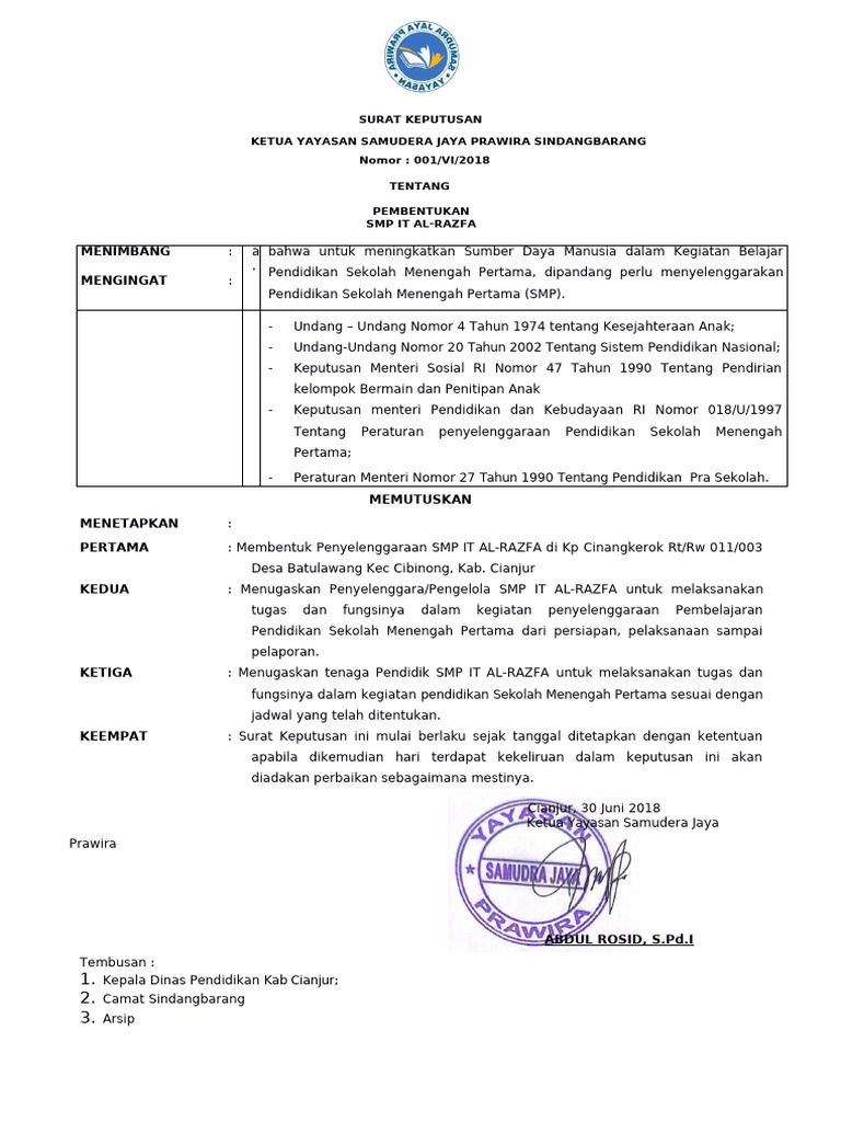 SK Pendirian SMP It Al-Razfa | PDF