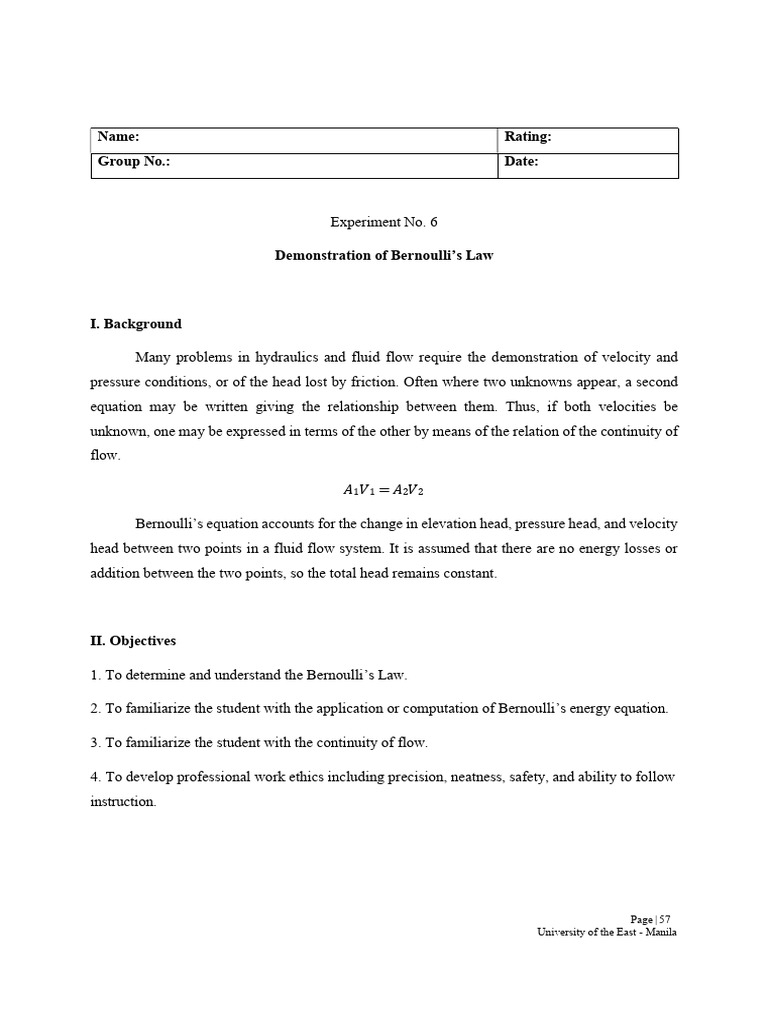 Bernoulli's Law Experiment Guide | PDF | Fluid Dynamics | Liquids