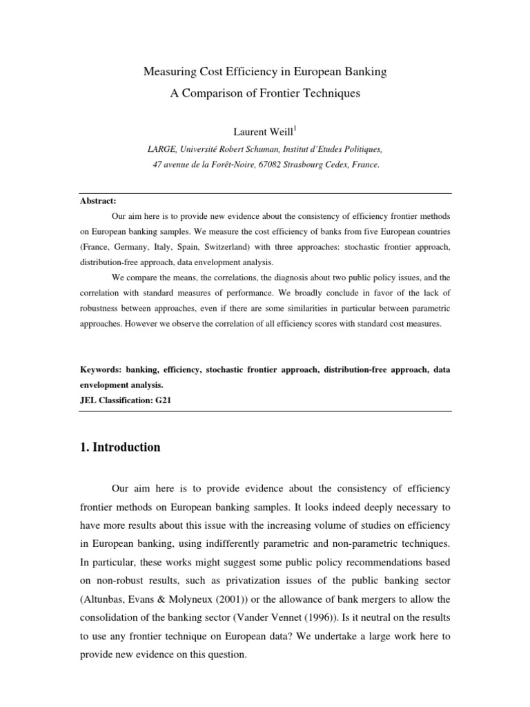 Measuring Cost Efficiency in European Banking A Comparison of Frontier Techniques | PDF | Errors ...