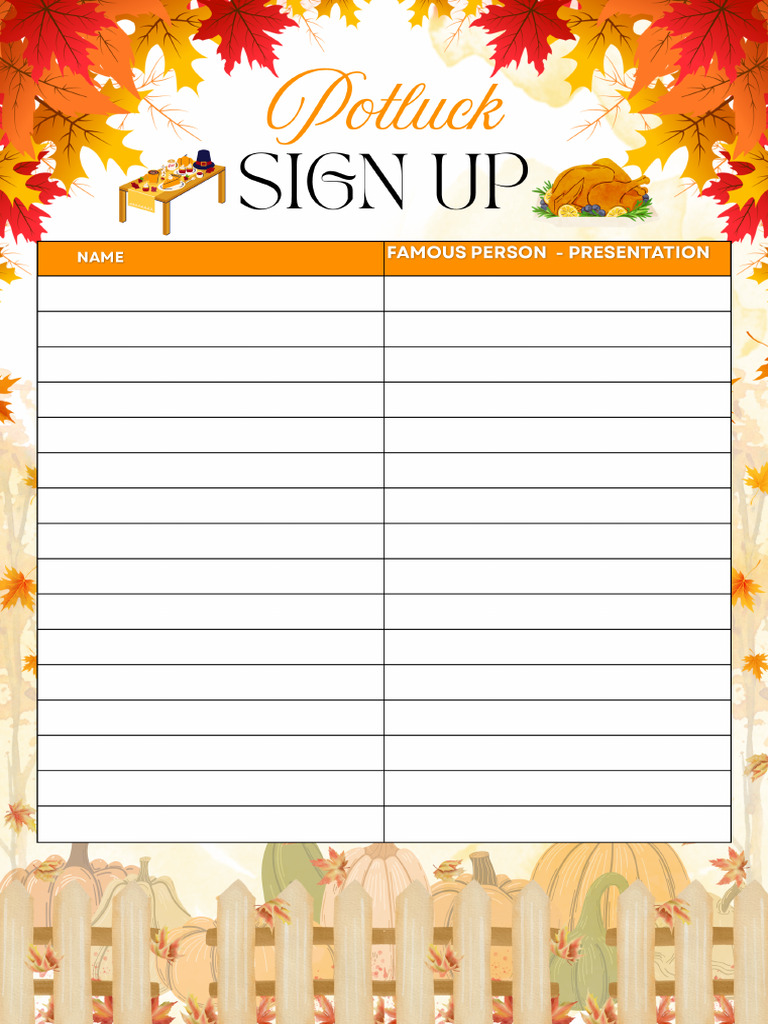 Orange and White Playful Thanksgiving Potluck Sign-Up A4 | PDF