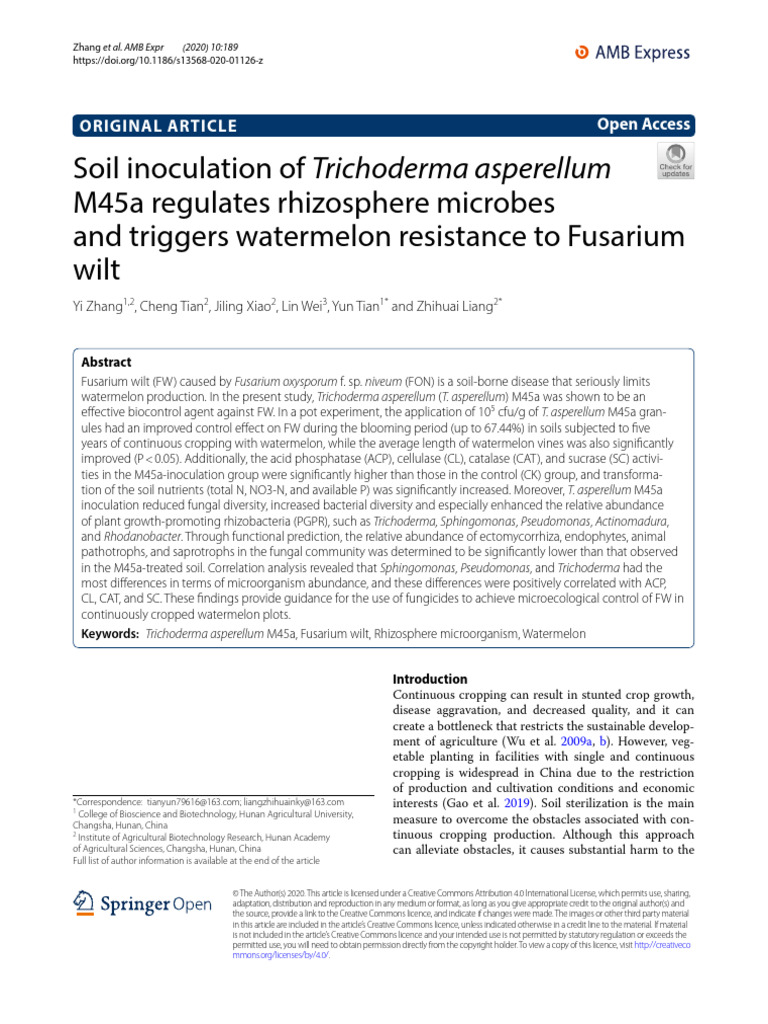 Soil Inoculation of Trichoderma Asperellum M45a Regulates Rhizosphere ...