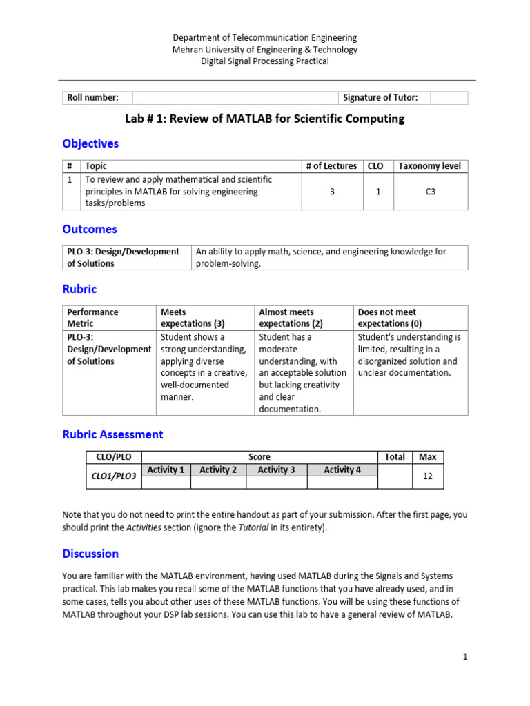 DSP Practical - Lab 1 | PDF | Matrix (Mathematics) | Matlab