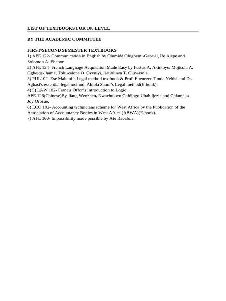 100 Level Textbooks List for Students | PDF