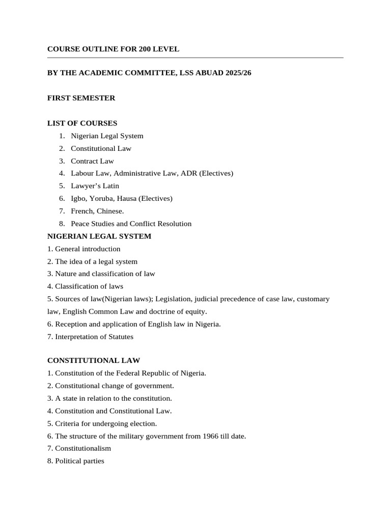 200 Level Law Course Outline ABUAD 2025/26 | PDF | Alternative Dispute ...