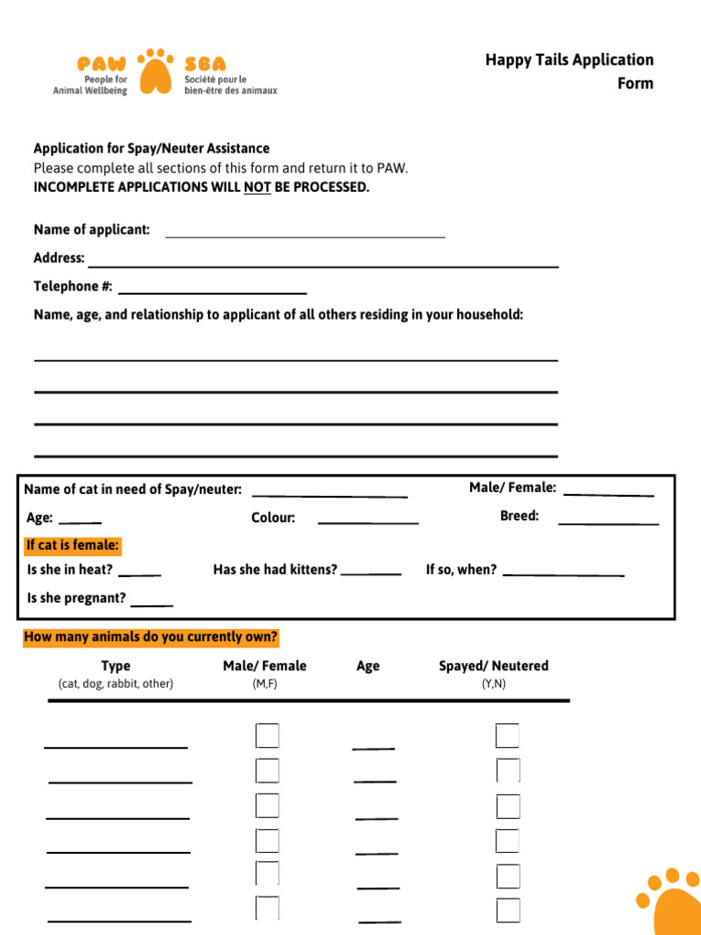 Happy Tails Spay/Neuter Application | PDF | Cats | Neutering