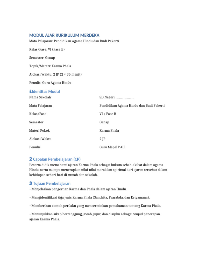 Modul Ajar Karma Phala Kelas6 | PDF