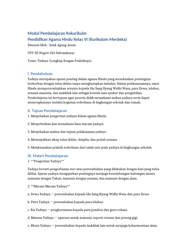 Modul Kokurikuler PAH Hindu Kelas6 Yadnya Dengan Praktik | PDF