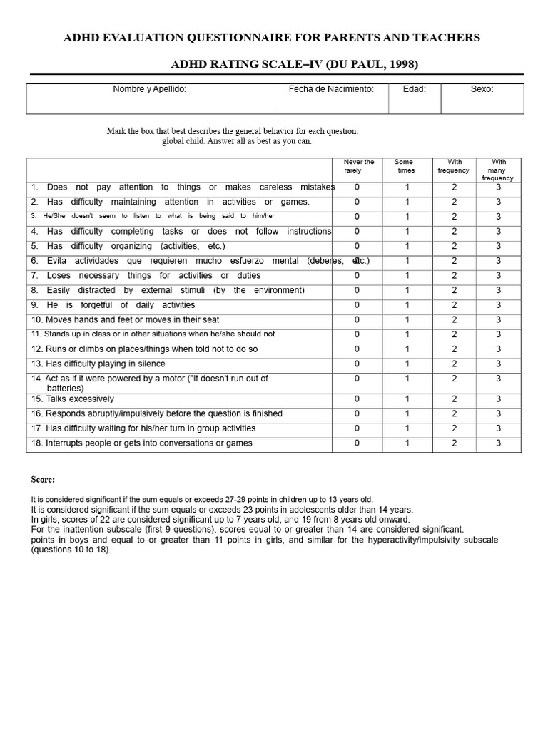 ADHD Evaluation Questionnaire by Du Paul | PDF | Attention Deficit ...