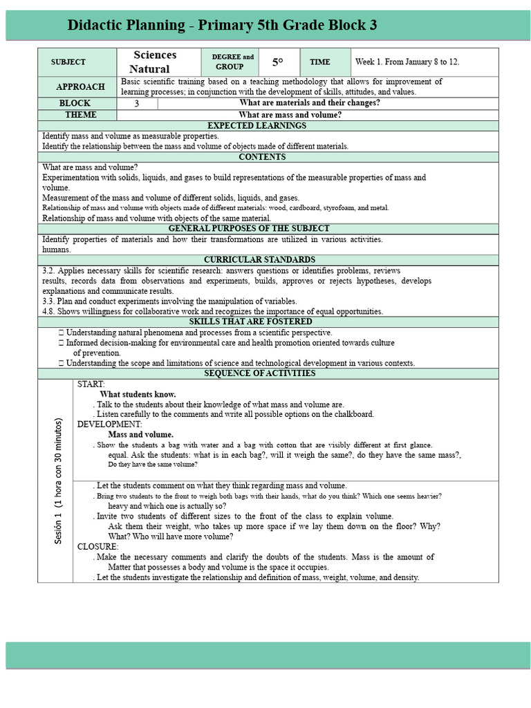 5th Grade Plan - Block 3 Natural Sciences (2017-2018) | PDF | Heat ...