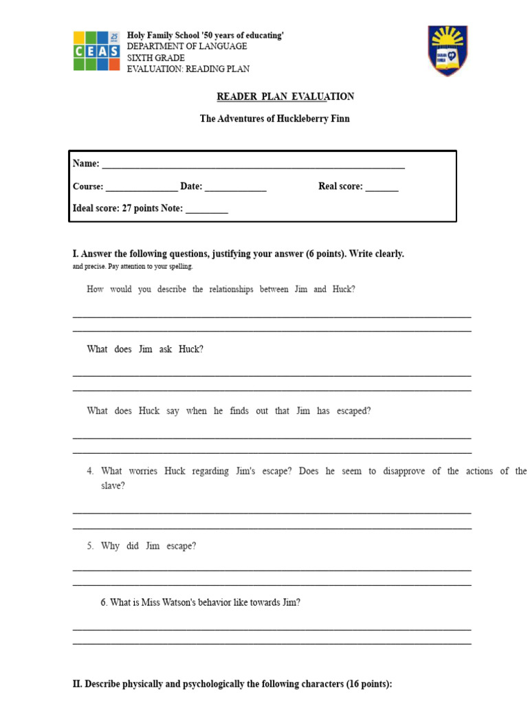 Reading Plan - The Adventures of Huckleberry Finn | PDF | Huckleberry ...