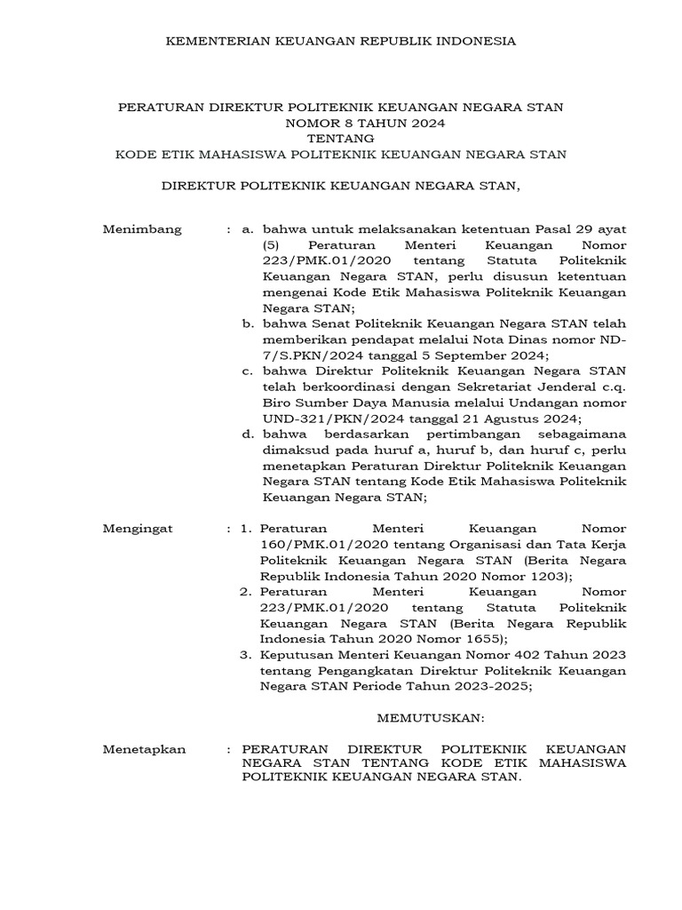 Kode Etik Mahasiswa PKN STAN | PDF