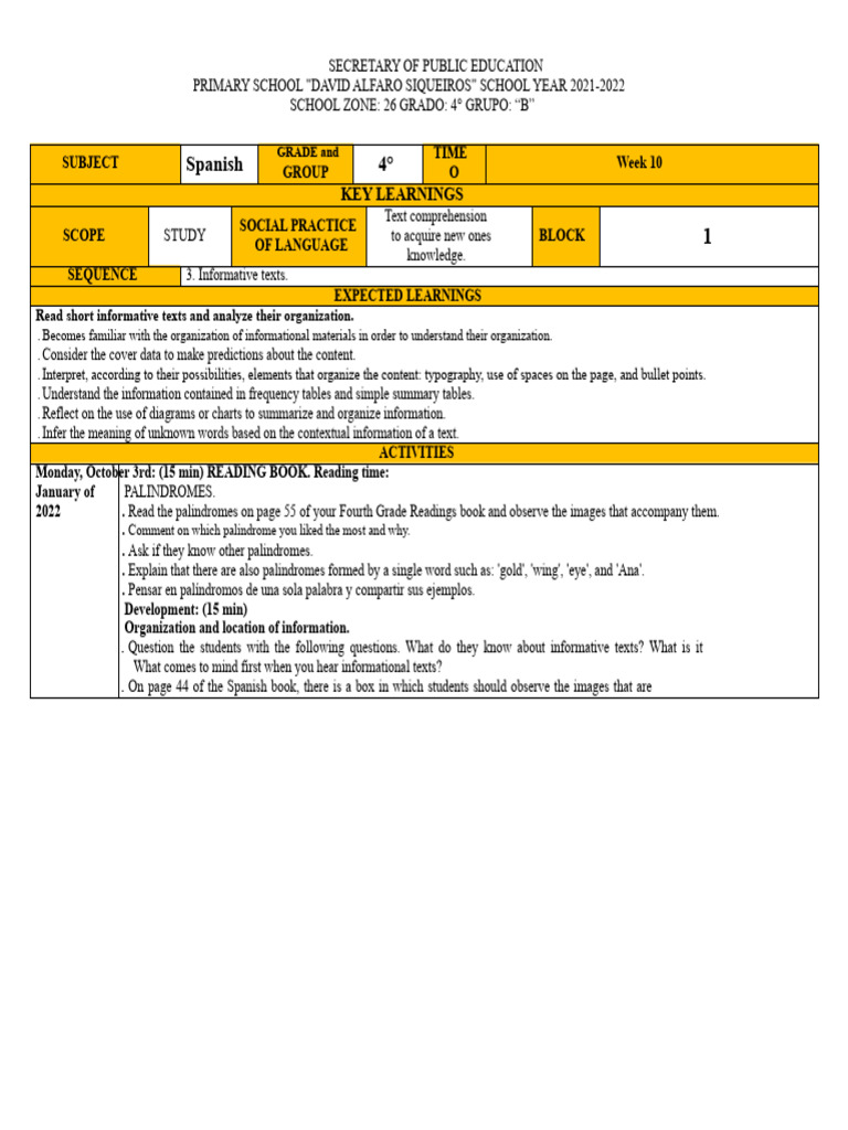 SPANISH PLANNING 4TH B JANUARY 2022 | PDF | Books | Reading Comprehension