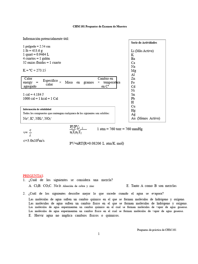 Examen de Práctica 1 de CHM 101 | PDF | Ácido | Compuestos químicos