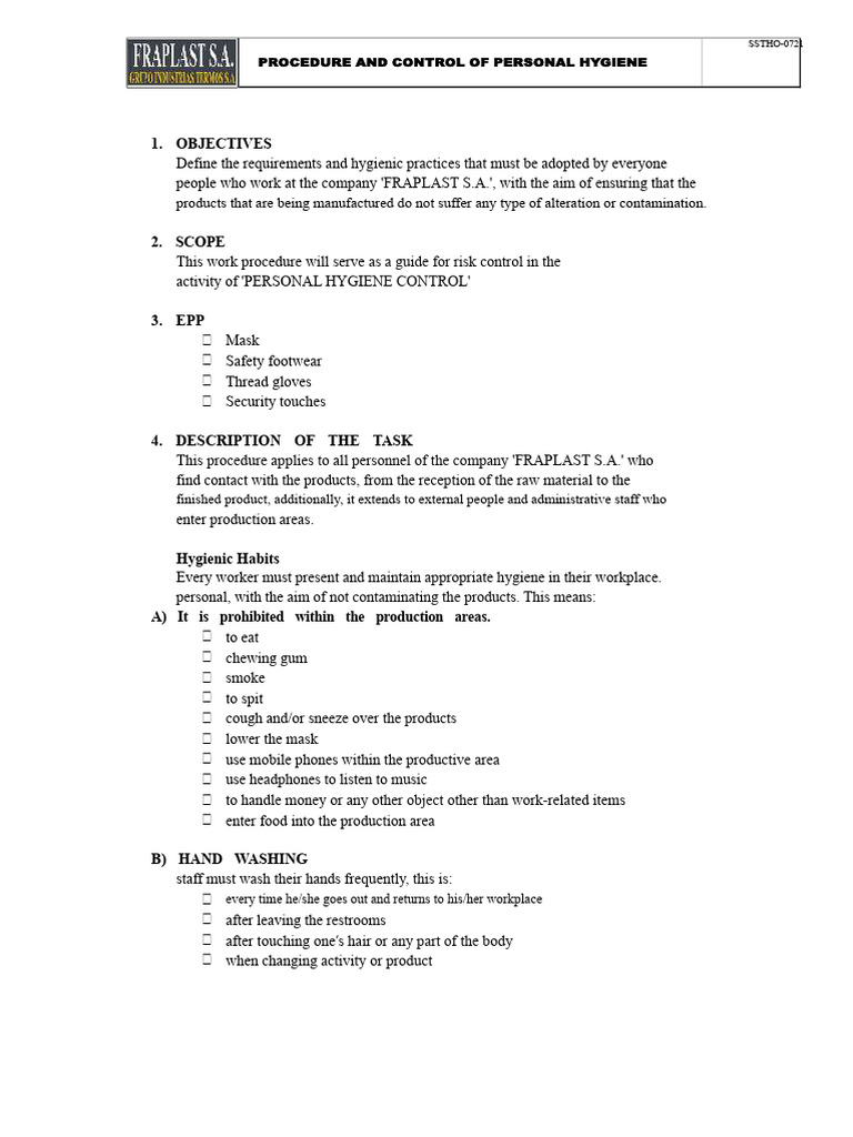 Personal Hygiene Control Procedure | PDF | Hygiene | Hand Washing