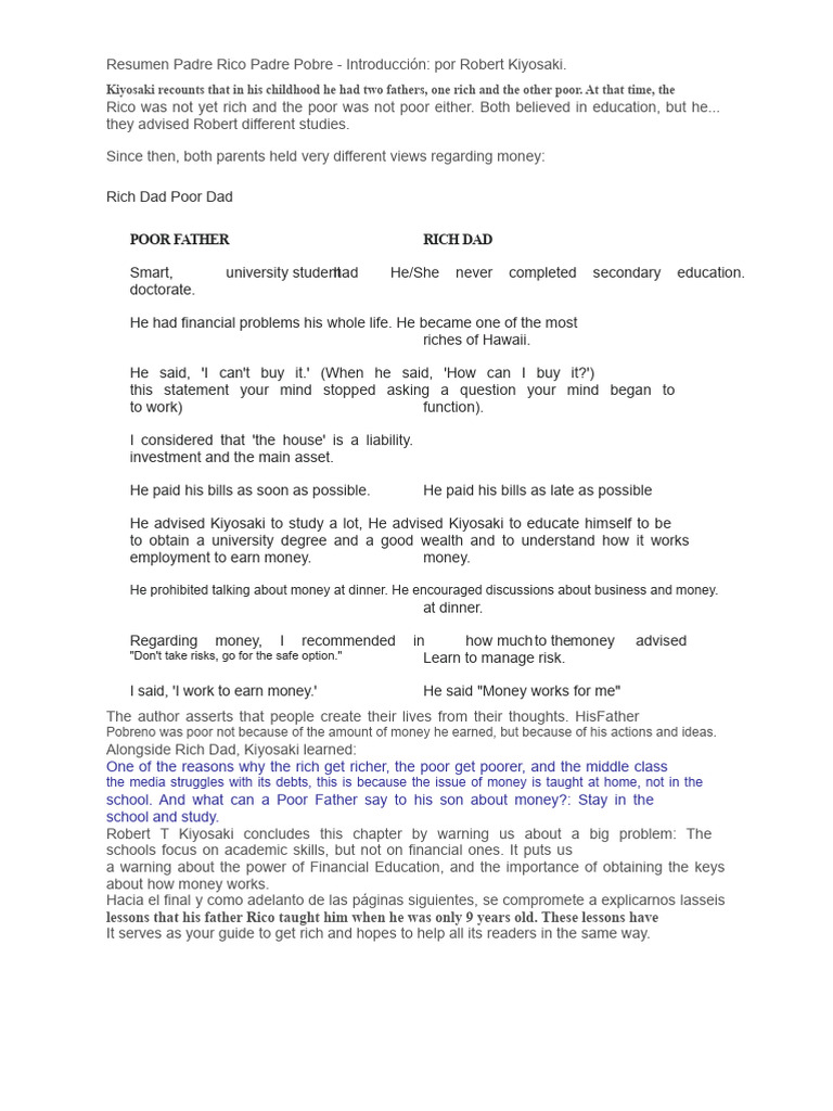 Summary of Rich Dad Poor Dad | PDF | Taxes | Money