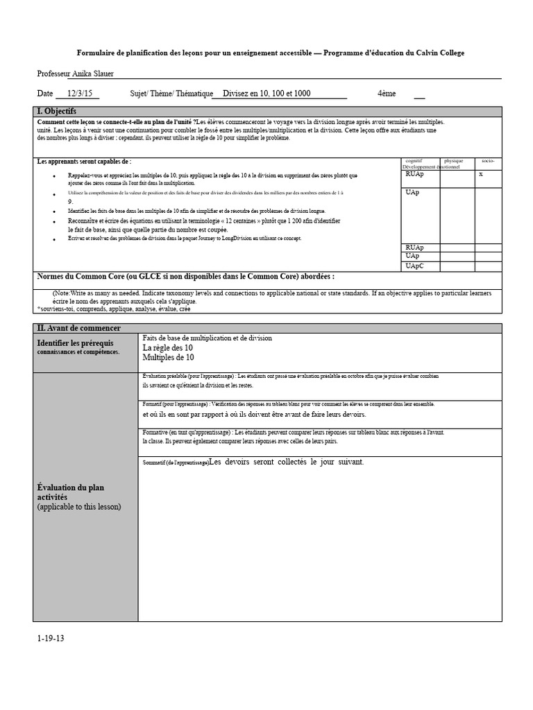 Plan de leçon : Division longue accessible | PDF | Apprentissage