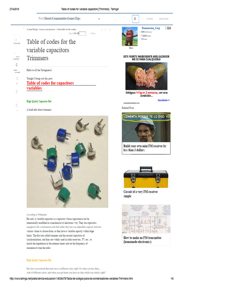 Table of Codes For Variable Capacitors (Trimmers) | PDF | Electrical Equipment | Capacitance