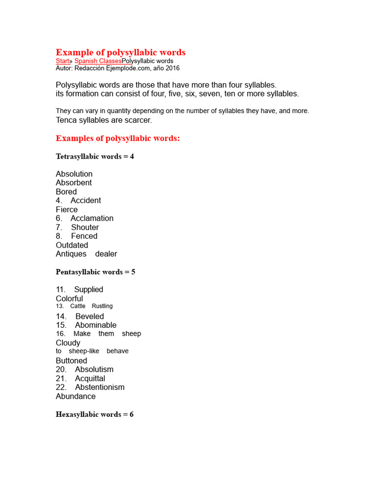 Polysyllabic Words: Examples Listed | PDF